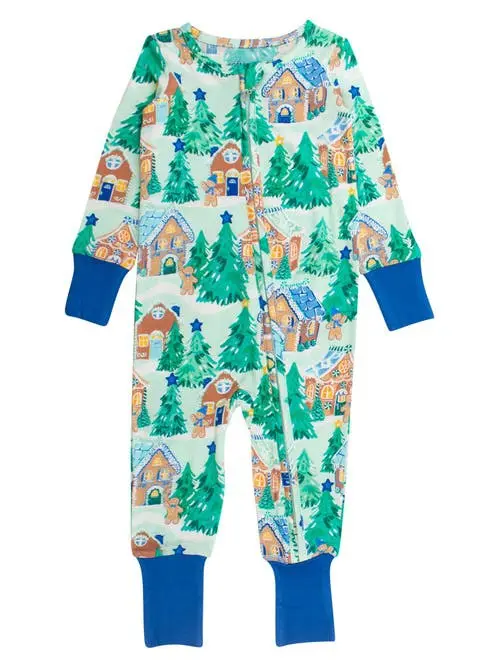 RUFFLEBUTTS Softsnooze Gender Inclusive Holiday Convertible One Piece Pajamas - Blue Jolly Gingerbread