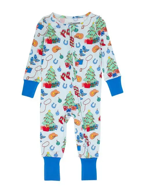 RUFFLEBUTTS Softsnooze Gender Inclusive Holiday Convertible One Piece Pajamas - Blue Yuletide Yeehaw