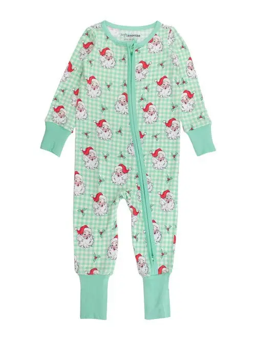 RUFFLEBUTTS Softsnooze Gender Inclusive Holiday Convertible One Piece Pajamas - Green Dear Santa