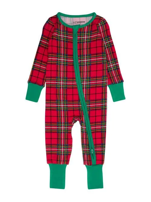 RUFFLEBUTTS Softsnooze Gender Inclusive Holiday Convertible One Piece Pajamas - Red Nicholas Plaid
