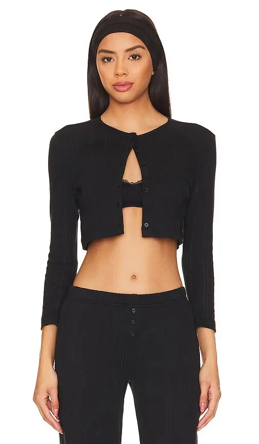 COU COU Cropped Pointelle Knit Cardigan - Black