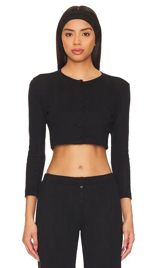 COU COU Cropped Pointelle Knit Cardigan - Black