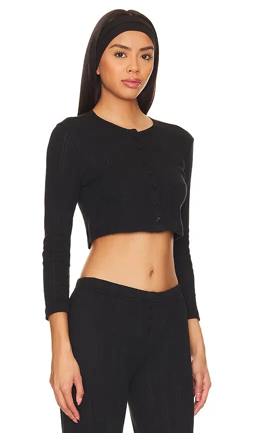 COU COU Cropped Pointelle Knit Cardigan - Black