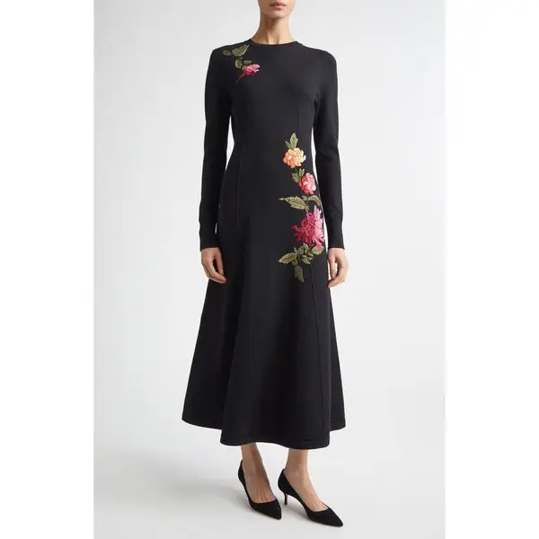 Carolina Herrera Chrysanthemum Embroidered Jersey Midi Dress