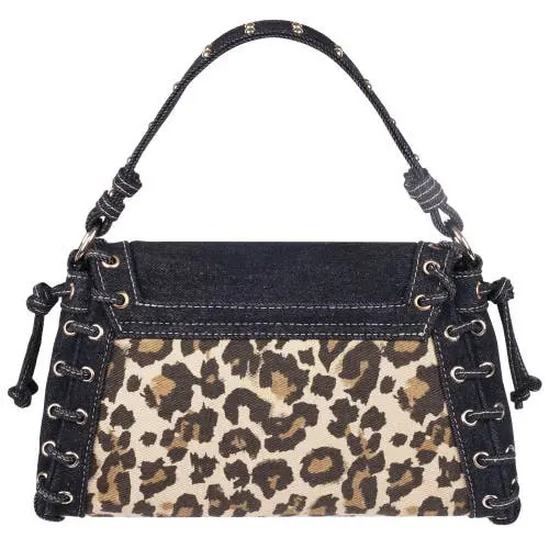 True Religion Denim Leopard Eyelet Flap Bag