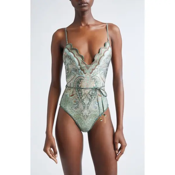 Zimmermann Wanderlust Scalloped One-piece Swimsuit - Tapestry Teal Multi