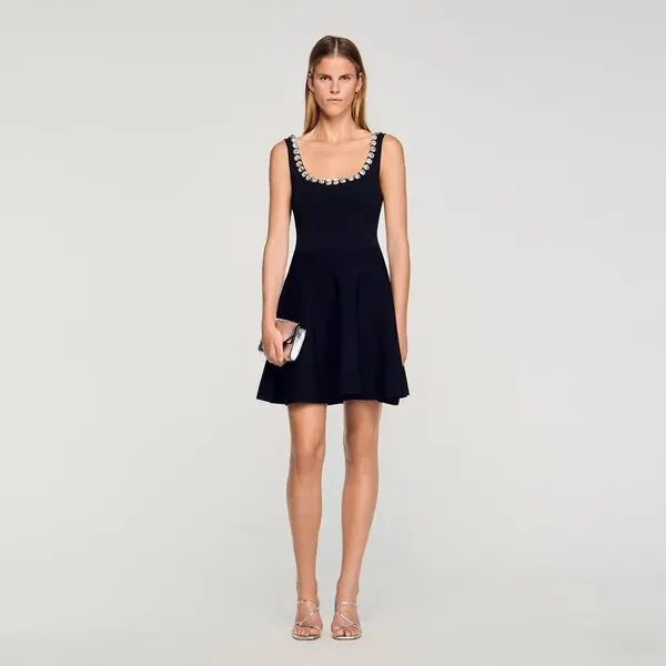 Sandro Mini Knit Dress With Rhinestone Neck