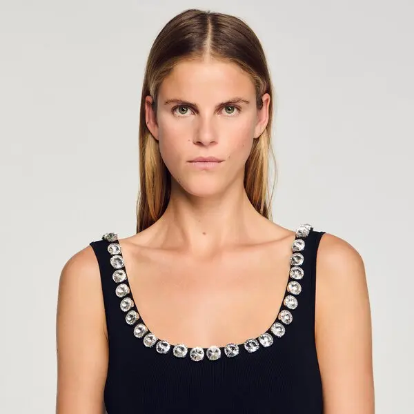 Sandro Mini Knit Dress With Rhinestone Neck