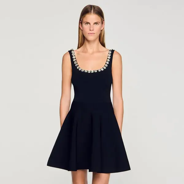 Sandro Mini Knit Dress With Rhinestone Neck