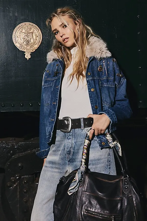Free People Opal Swing Faux Fur Collar Trucker Jacket - Indigo