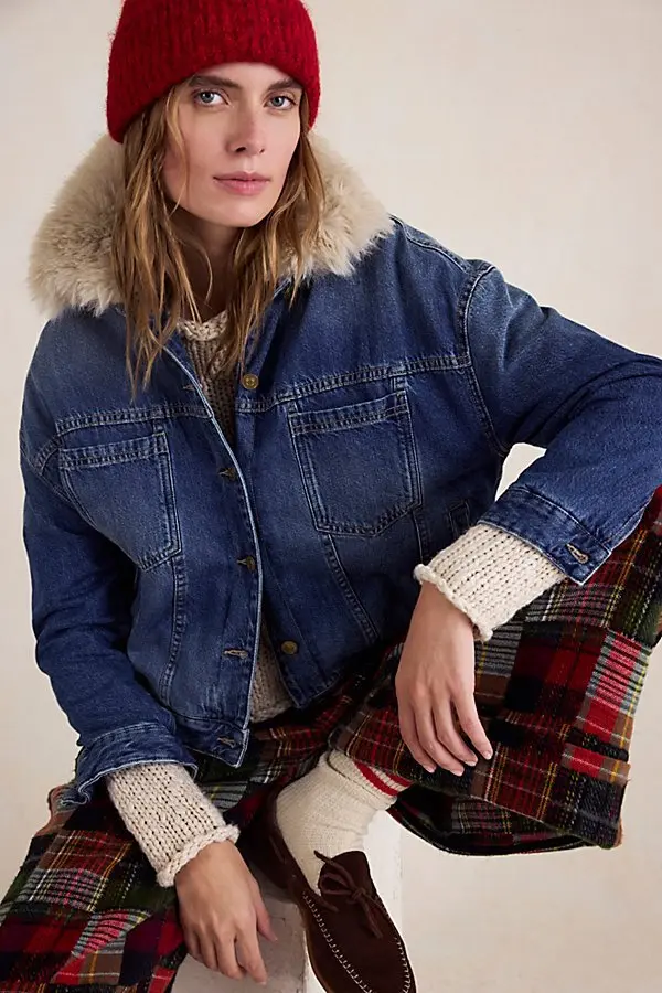 Free People Opal Swing Faux Fur Collar Trucker Jacket In Indigo