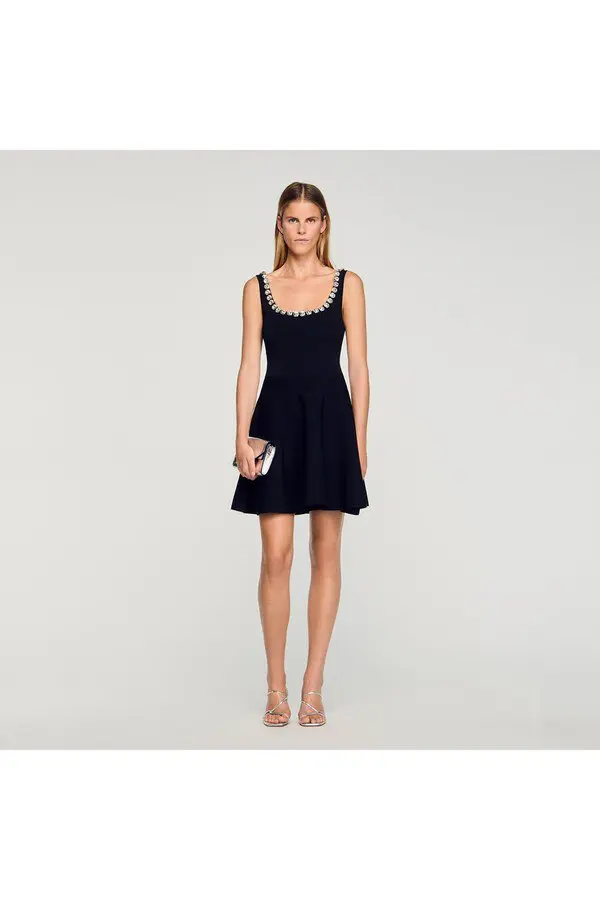 Sandro Mini Knit Dress With Rhinestone Neck