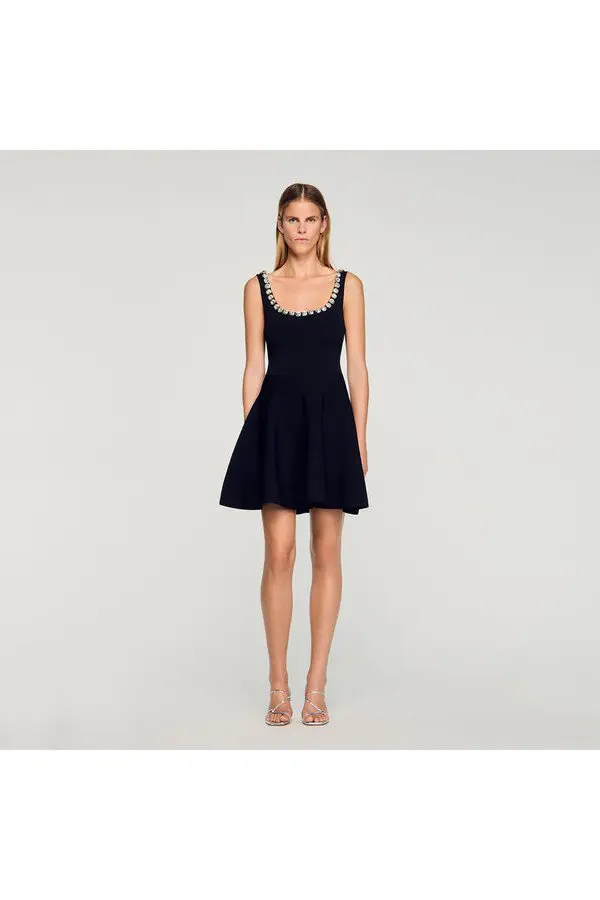 Sandro Mini Knit Dress With Rhinestone Neck