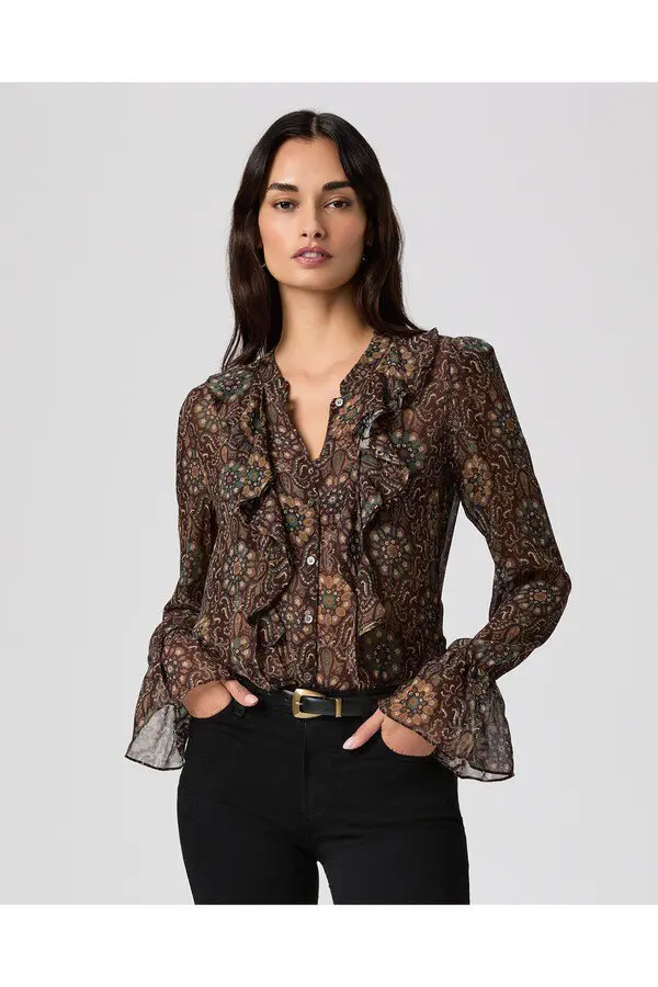 Paige Claude Printed Silk Blouse - Chocolate