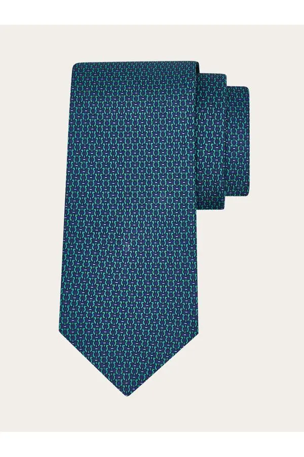 FERRAGAMO Gancini Print Silk Neck Tie - Navy