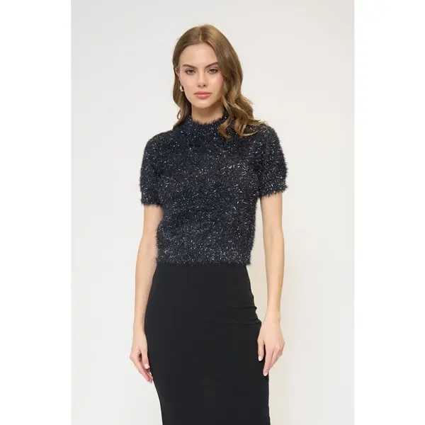 Central Park West Colette Eyelash Lurex Cap Sleeve Crewneck Top