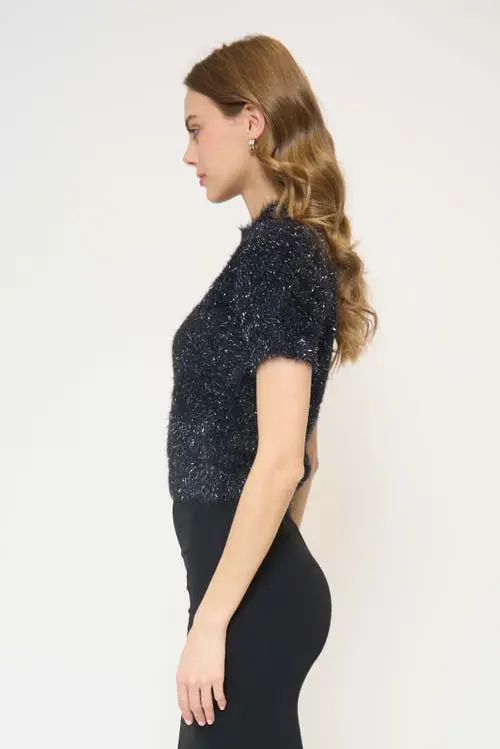Central Park West Colette Eyelash Lurex Cap Sleeve Crewneck Top