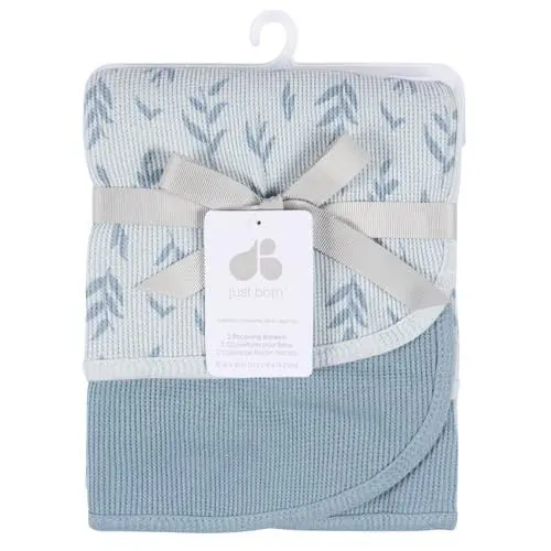 JUST BORN Tan Cotton Blankets 2-pack Set - Blue Leaf