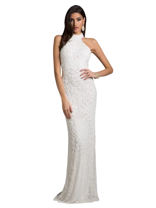 LARA NEW YORK Lattice-beaded Halter Neck Sheath Gown - Ivory