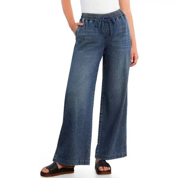WASH LAB DENIM Drawstring Waist Wide Leg Jeans - Dirty Blue