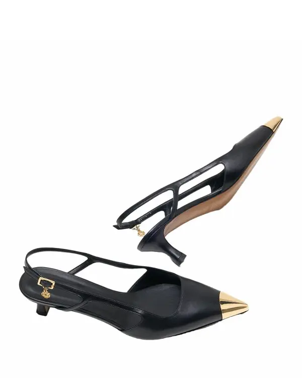 Maje Fayna Leather Slingback Pumps With Toe Cap - Black