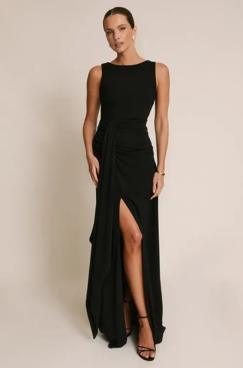 SIX STORIES Drape Gathered Sleeveless Maxi Dress - Black