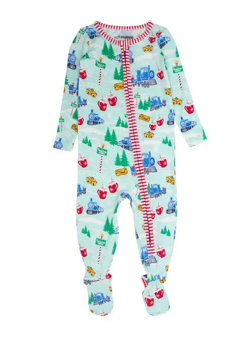 RUFFLEBUTTS Softsnooze Holiday One-piece Footie Pajamas - Snowy Train Tracks