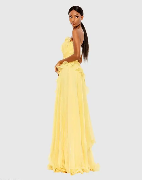 Mac Duggal Pleated Tiered Ruffled Strapless Gown - Yellow