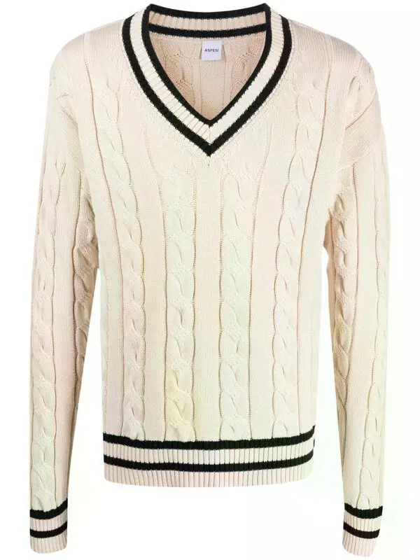 Aspesi Stripe-detail Cable-knit Jumper - Neutrals