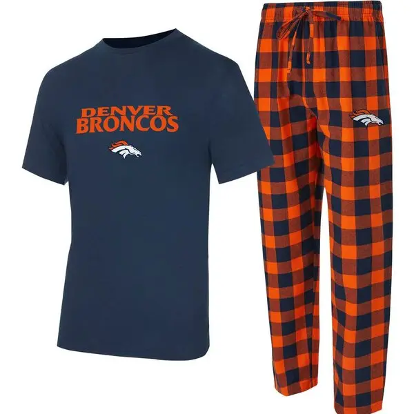 CONCEPTS SPORT Orange Denver Broncos Avondale T-shirt & Flannel Pants Set - Navy