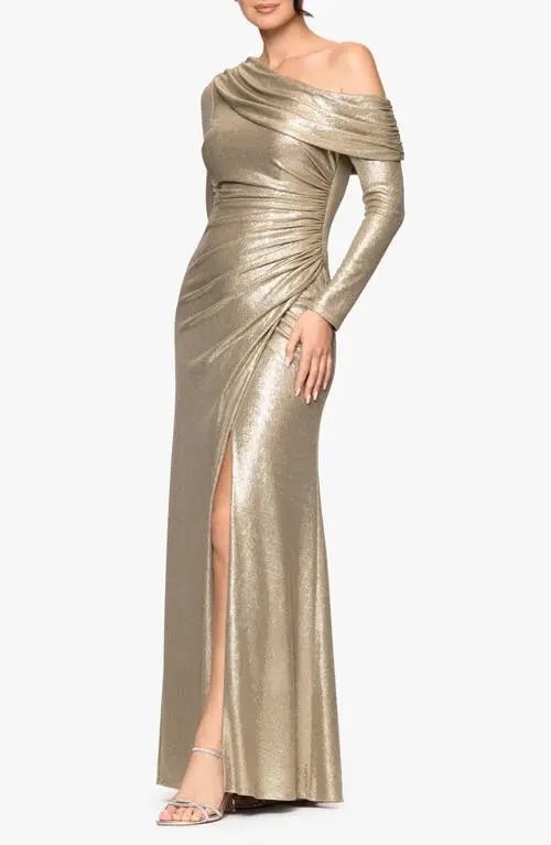 Betsy & Adam Metallic One-shoulder Long Sleeve Gown
