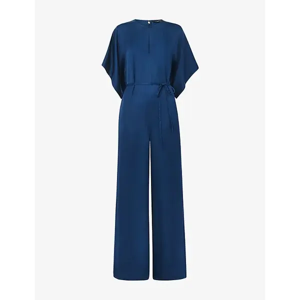 Whistles Belted-waist Short-sleeve Satin Jumpsuit - Navy
