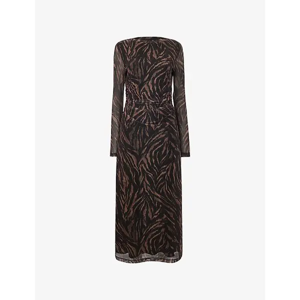 Whistles Abstract Zebra-print Stretch-mesh Midi Dress - Black
