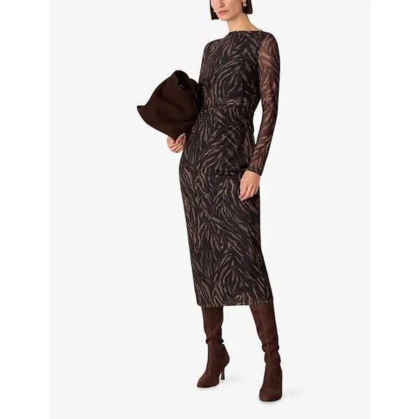 Whistles Abstract Zebra-print Stretch-mesh Midi Dress - Black