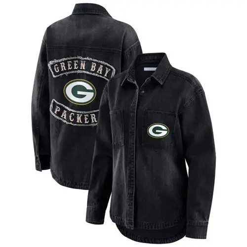 WEAR BY ERIN ANDREWS Green Bay Packers Washed Oversized Denim Full-snap Shacket - Black