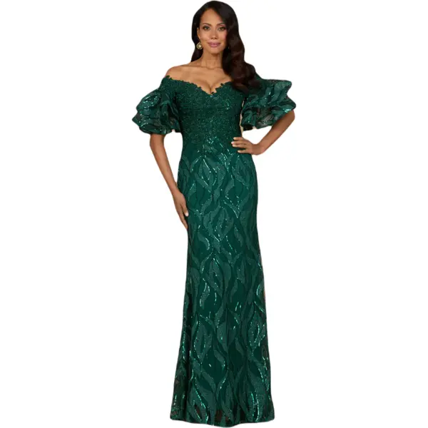 LARA NEW YORK Off-the-shoulder Mermaid Gown With Tiered Sleeves - Green