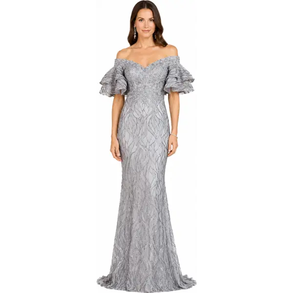 LARA NEW YORK Off Shoulder Mermaid Beaded Gown With Tiered Sleeves - Grey