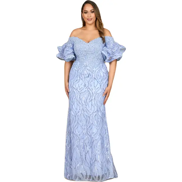 LARA NEW YORK Off-the-shoulder Mermaid Gown With Tiered Sleeves - Periwinkle
