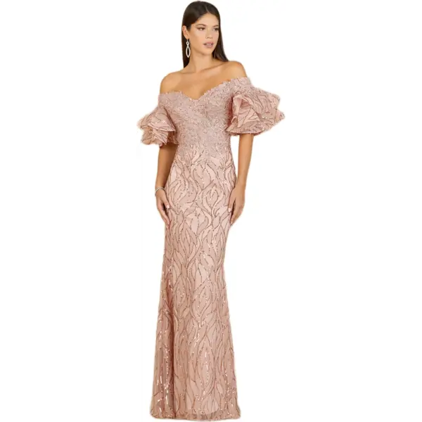 LARA NEW YORK Off-the-shoulder Mermaid Gown With Tiered Sleeves - Rose Gold