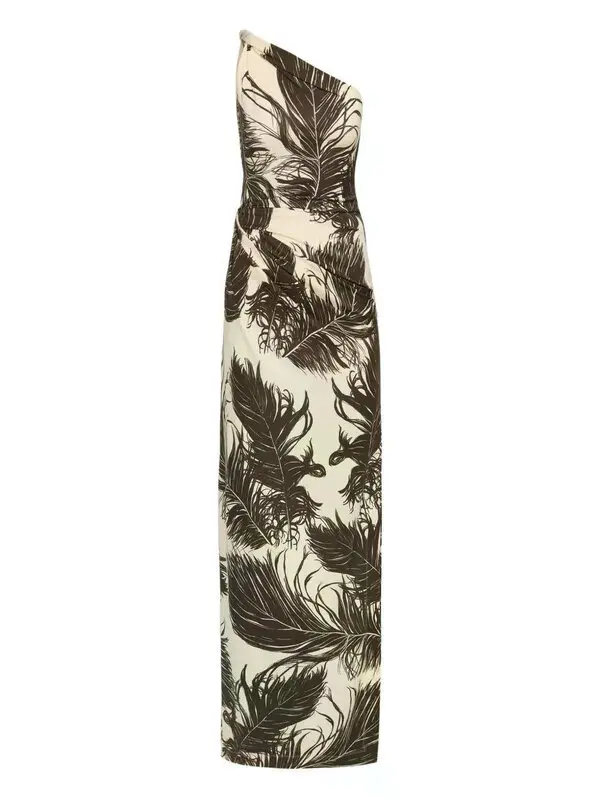 Oscar De La Renta Feather-print One-shoulder Maxi Dress - Brown
