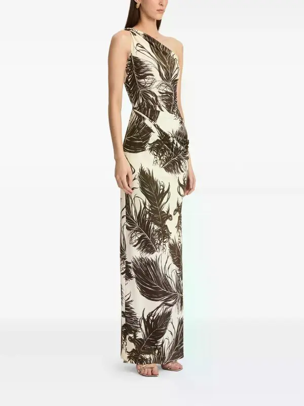 Oscar De La Renta Feather-print One-shoulder Maxi Dress - Brown