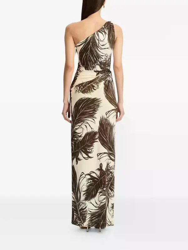 Oscar De La Renta Feather-print One-shoulder Maxi Dress - Brown