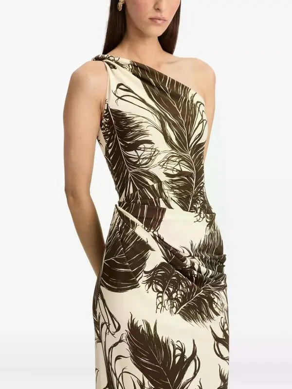 Oscar De La Renta Feather-print One-shoulder Maxi Dress - Brown