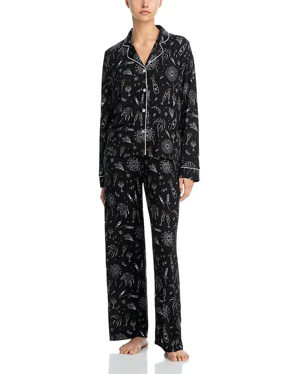 Aqua Notched Collar Jersey Pajama Set Exclusive - Black