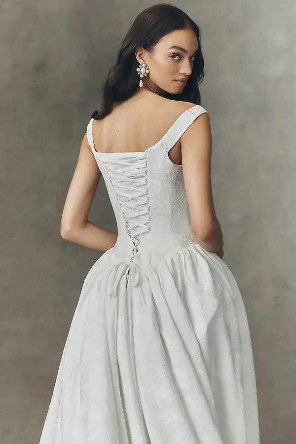 Watters Stella Off-shoulder Basque-waist Gown