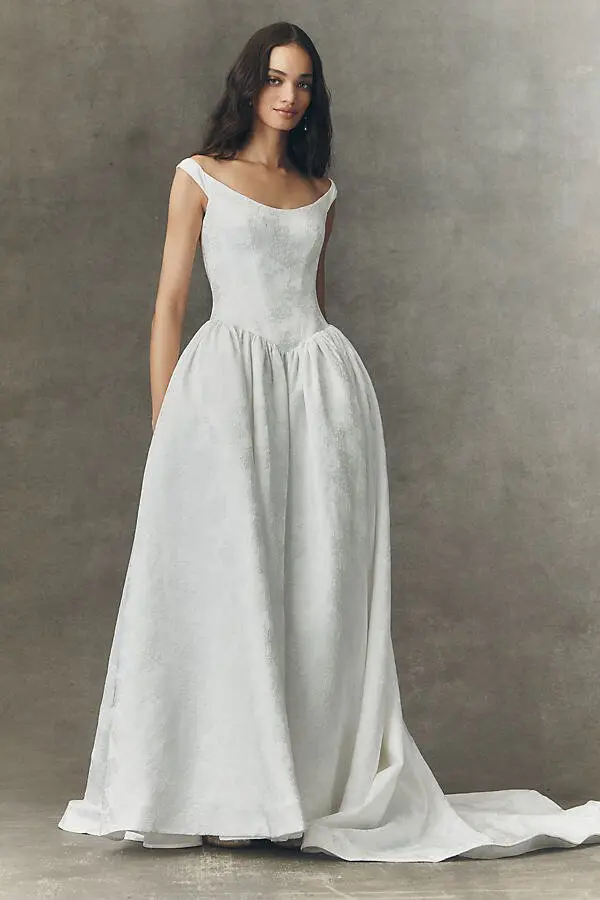 Watters Stella Off-shoulder Basque-waist Gown