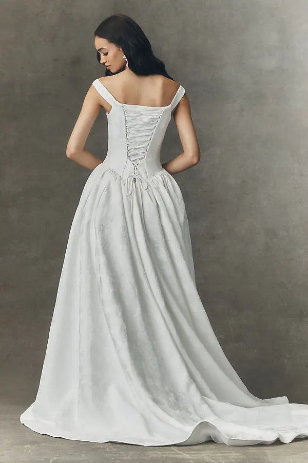 Watters Stella Off-shoulder Basque-waist Gown