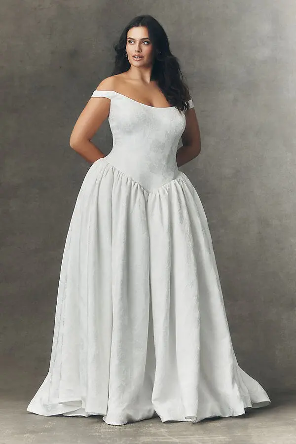 Watters Stella Off-shoulder Basque-waist Gown