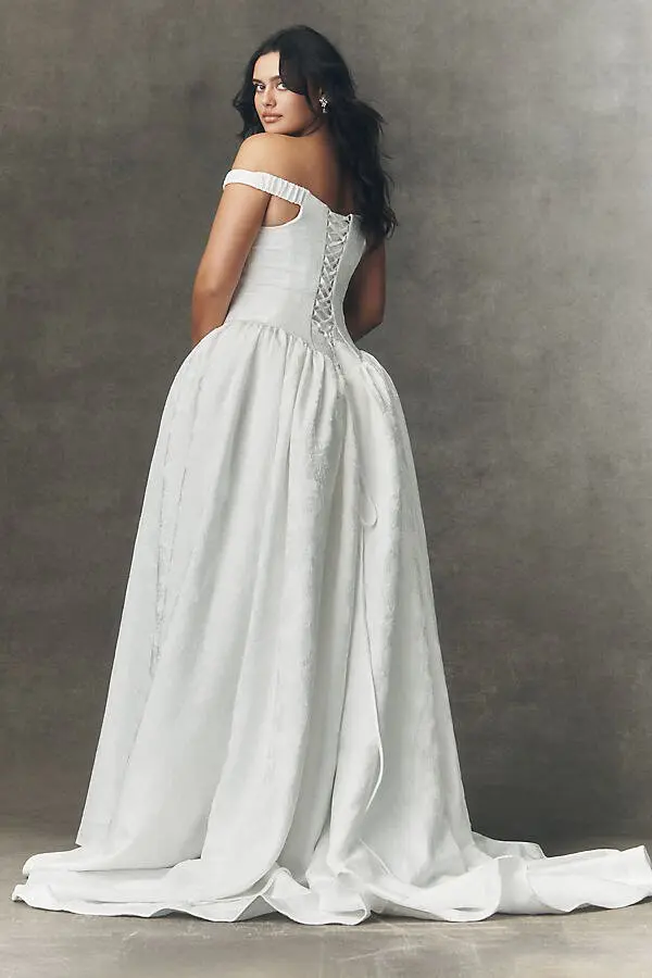 Watters Stella Off-shoulder Basque-waist Gown