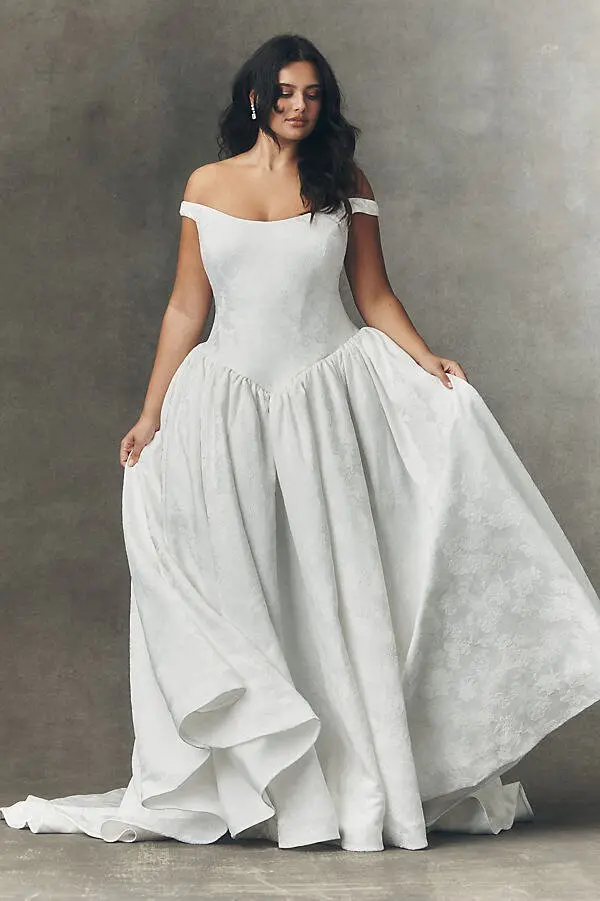 Watters Stella Off-shoulder Basque-waist Gown